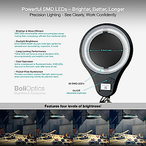 ESD Safe (Glass Lens) Professional LED Magnifying Lamp with Clamp (3 Diopter, 1.75X Magnification) Dimmable Work Light, Daylight Bright, 1200 Lumens 5600K-6000K, 60 SMD LEDs, BoliOptics MG16303222