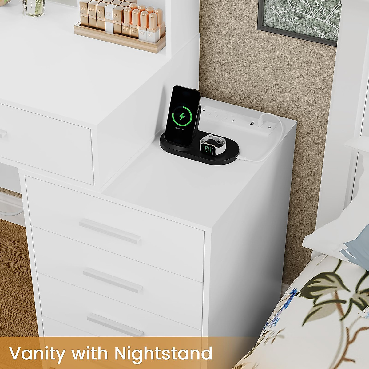 Quimoo 48" Large Vanity Desk with Mirror & Lights, Makeup Vanity Table with 6 Drawers & Power Outlet, 4 Open Storage Shelves, Vanity Desk Set with Stool, for Women Girls, White