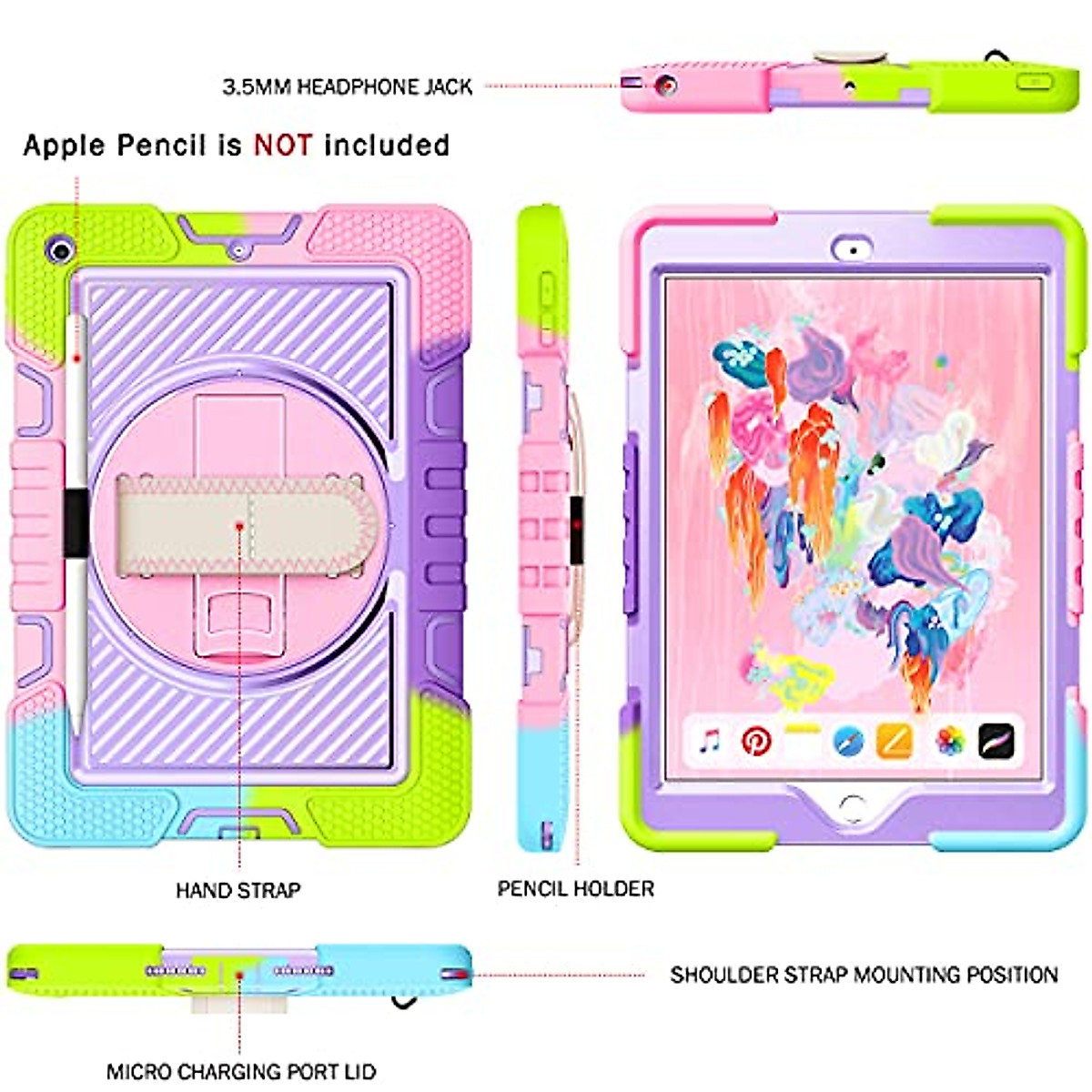 Hocase for iPad 6th/5th Generation Case, iPad 9.7 2018/2017 Case, with Pencil Holder, 360 Rotation Stand & Hand Strap, Rugged Shockproof Soft Silicone Hard Protective Case for Kids & Girls - Rainbow