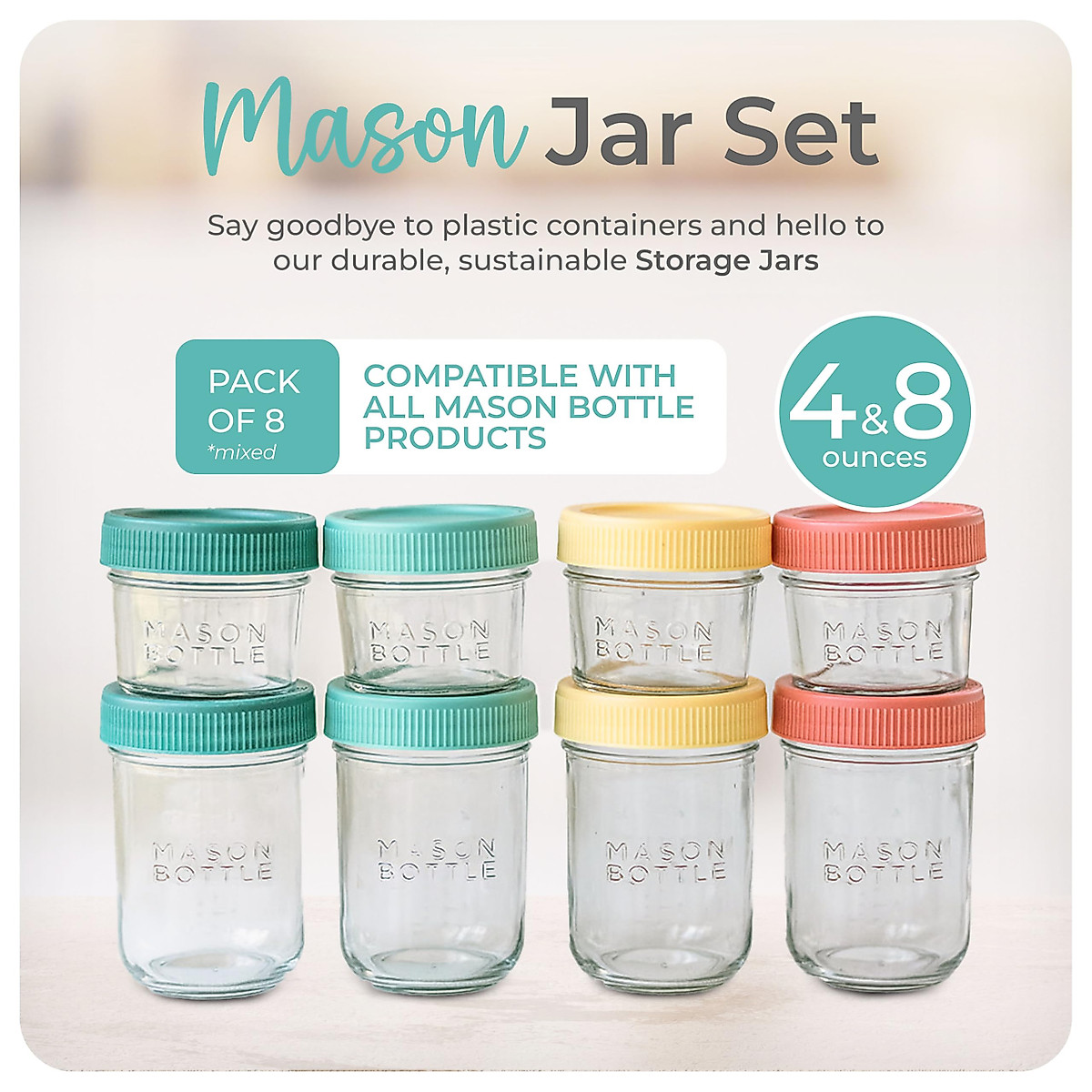 Mason Bottle Breast Milk Storage Glass (4oz & 8oz, 8-Pack) - Reusable Glass Baby Food Jars with Lids - Airtight, Stackable, Freezable Glass Baby Food Containers, Milk Container for Baby Formula