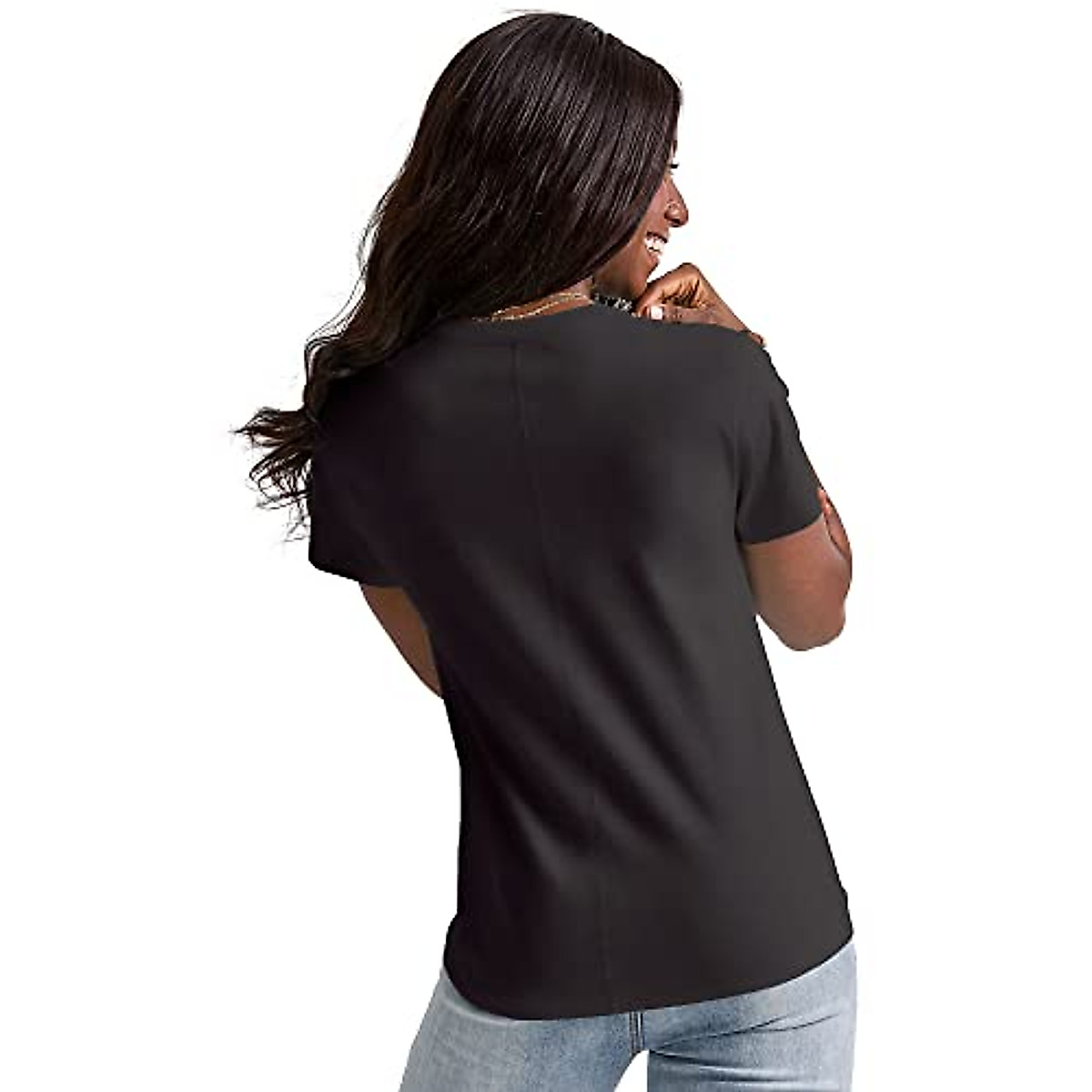 Hanes Originals Cotton T-Shirt, Classic Crewneck Women's Tee, Curved Back Hem, Black, Large