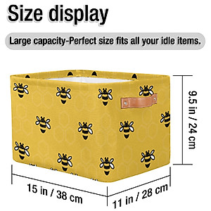Storage Baskets with Handles, Bee Yellow Storage Cube Rectangular Fabric Collapsible Toy Storage Bin Organizer for Closet Shelf Laundry Nursery Kids Bedroom, 15x11x9.5 In,1 Pack