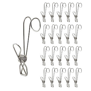 Generic 20 Clips Pack Stainless Steel Clothespins with Hooks Metal Spring Universal Long Hanging Clip for Offices Kitchens Bathroom