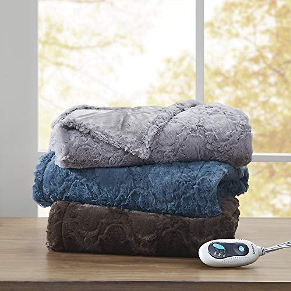 Beautyrest Brushed Long Fur Electric Throw Blanket Ogee Pattern Warm and Soft Heated Wrap with Auto Shutoff, 50 in x 60 in, Sapphire Blue