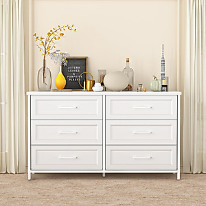 TVU 6 Drawer Double Dresser for Bedroom, Wood Storage Dresser Clothes Organizer with Sturdy Steel Frame (White)