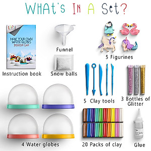 Kipipol Snow Globe Making Kit for Kids - Make Your Own Snow Globes for Girls w/ 4 DIY Snowglobe, 5 Figures, 20 Packs of Modeling Clay for Kids for Sculpting - Arts and Crafts for Girls & Boys 8-12-4-8