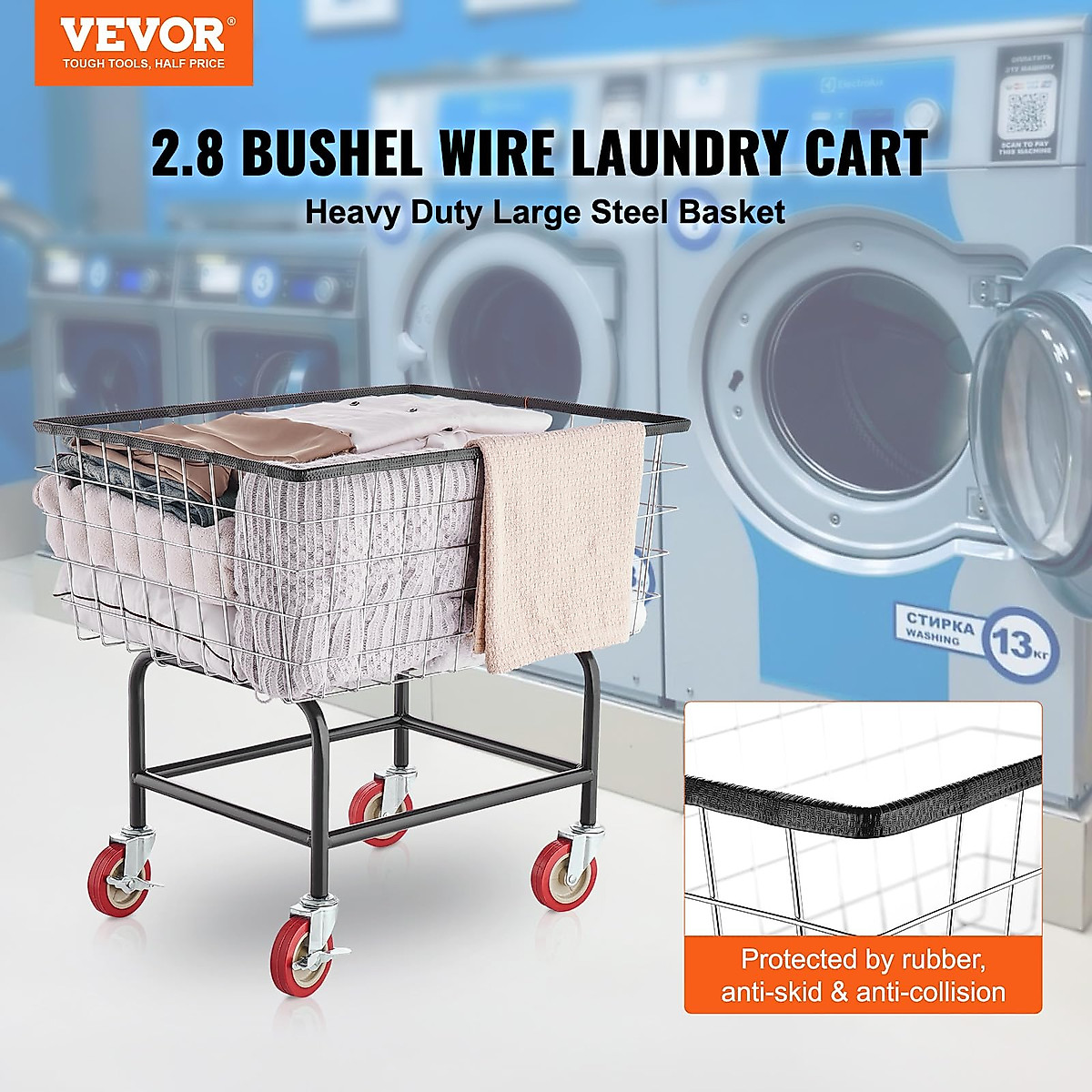 VEVOR Wire Laundry Cart, 2.8Bushel Wire Laundry Basket with Wheels, 26.7''x21.7''x26.4'' Commercial Wire Laundry Basket Cart, Steel Frame with Chrome Finish, 4" Casters, Wire Basket Cart For Laundry