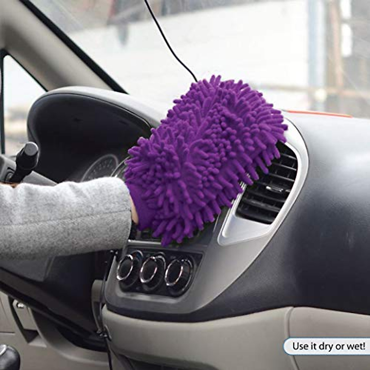 2 Pack. Premium car wash Microfiber Chenille mitt. Super auto Absorbent. Ultrafine Sponge Fiber Glove. Professional Cleaning at Home, Kitchen, Hand car Washing Care. Soap Chemical Resistant. (Purple)