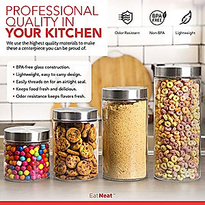 EatNeat 4 Piece Beautiful Glass Kitchen Canisters with Stainless Steel Lids - Premium Food Storage Container, Versatile Cereal, Sugar, Flour, Coffee, Snacks Container for Clean Kitchen Organization
