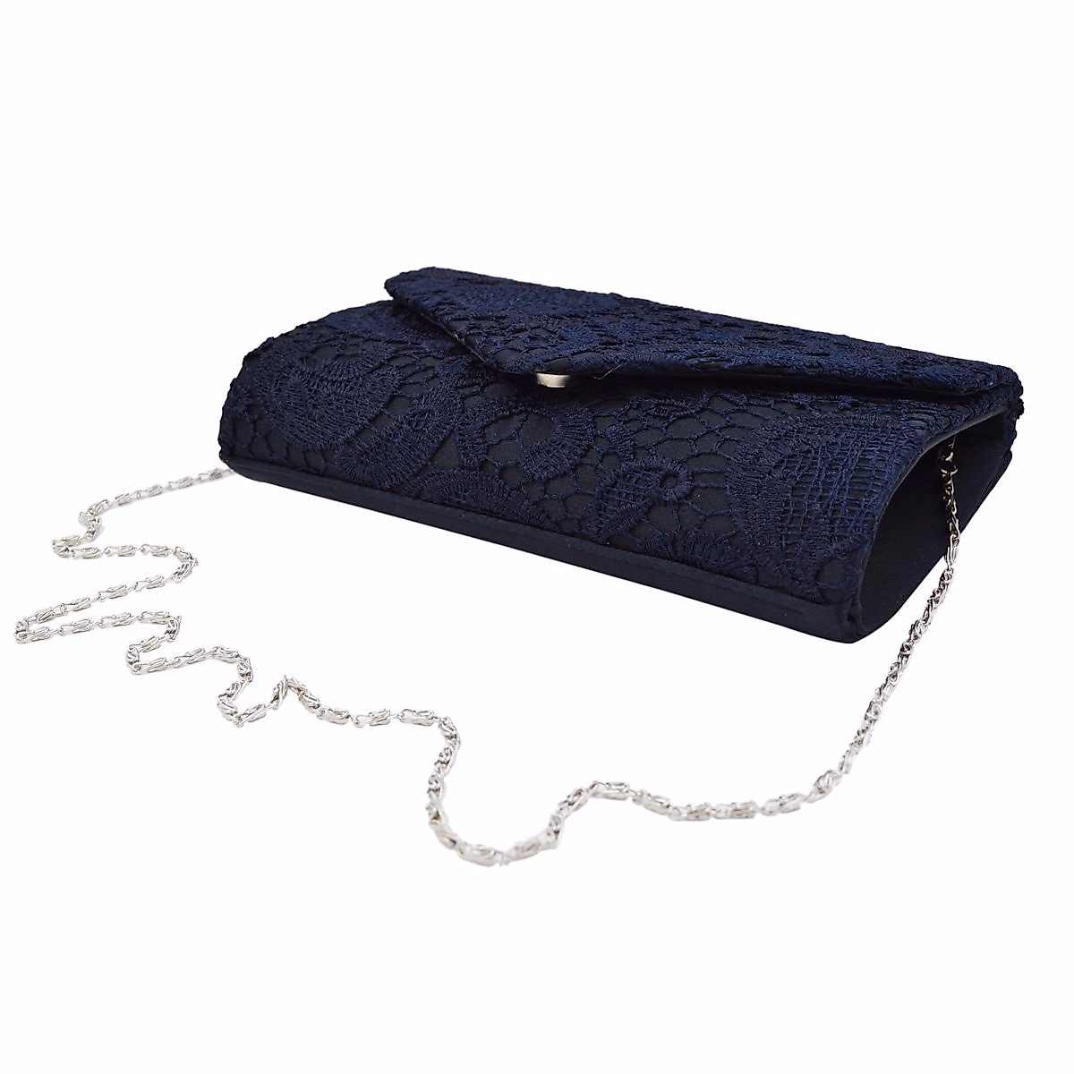 Lace Paisley Floral Fabric Satin Envelope Flap Clutch Evening Bag, Navy One Size