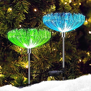 Neporal Solar Garden Lights, 7 Color Changing Solar Lights Outdoor Decorative, IP65 Waterproof Garden Lights Solar Powered, 2 Pack Solar Flower Lights, Fiber Optic for Yard Patio Pathway Decorations