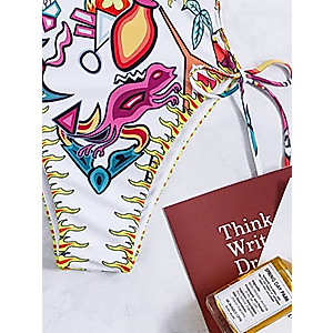 OYOANGLE Women's All Over Print Plunge Neck Cross Back High Cut Lace Up One Piece Swimsuit Multicolor Print L