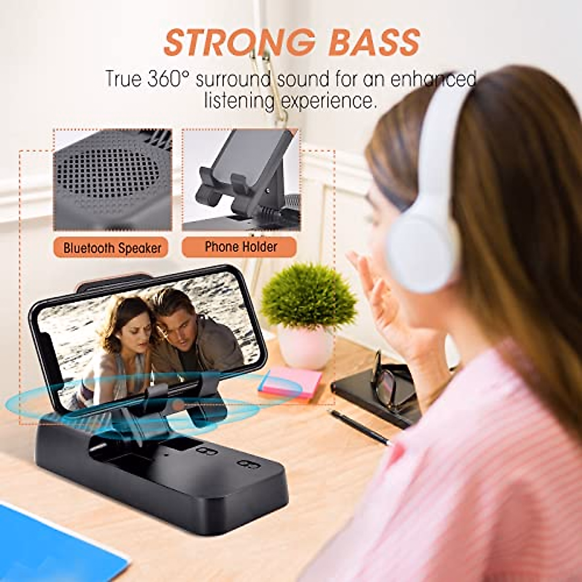 Cell Phone Stand with Bluetooth Speaker, Built-in USB Charging Port and SD Card Slot, HD Surround Sound Bluetooth Speaker with Adjustable Phone Holder for Desk