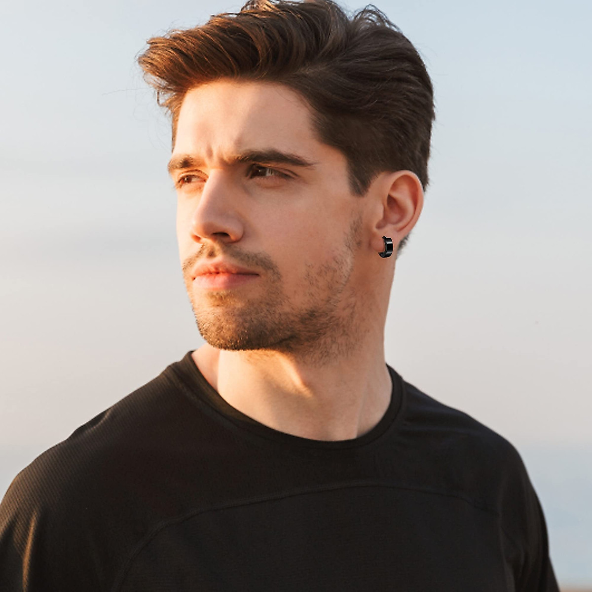 Jstyle Stainless Steel Black Unique Small Hoop Earrings for Men 1 Pairs Huggie Earrings Black