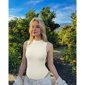 OQQ Women's 2 Piece Sexy Ribbed Sleeveless High Neck Tank Top BodySuit, Black,beige, Small