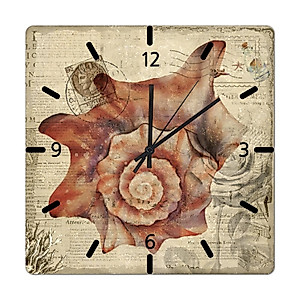 Old Newspaper Hanging Clock 12in Vintage Conch Shell Wooden Clock Ocean Nautical Art Quartz Analog Battery Operated Nature Wall Decor for Farmhouse Home Dining Room Homeschool Travel Trailer