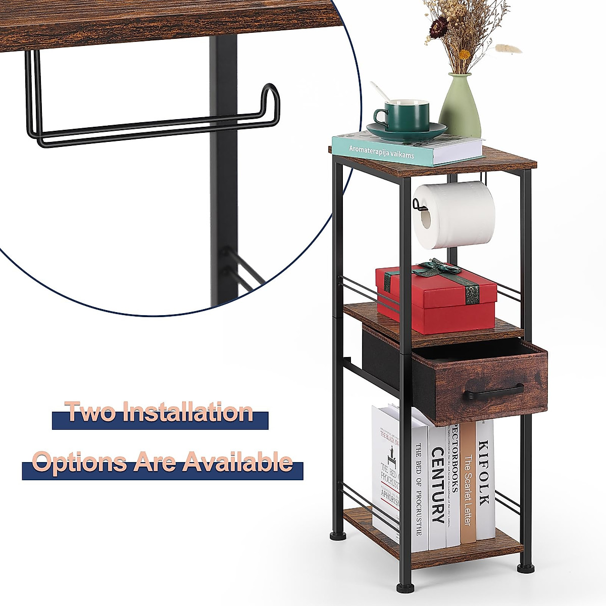 Bathroom Storage Cabinet Freestanding Toilet Paper Storage Cabinet with Sliding Storage Drawer Farmhouse Small Bathroom Shelf for Living Room, Bathroom, Bedroom, Hallway, Rustic Brown