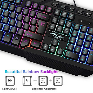 BAKTH Multiple Color LED Rainbow Backlit Wired Gaming Keyboard and Mouse Combo, USB Ergonomic Computer Keyboard with 7 Colors 3600DPI 6 Button Mouse for PC Windows Mac Game and Work
