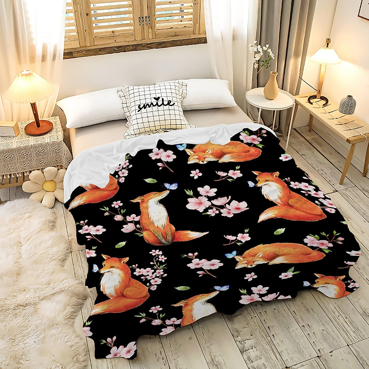 Fox Blanket Cherry Blossom Blanket Cozy Soft Lightweight Flannel Throw Fox Cherry Blossom Decor Gifts for Girls 50"x60"