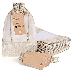 15 Pack 6.3x9.5 Inches Beige Linen Burlap with Sheer Window Organza Gift Bag with Drawstring for Christmas Gifts Wedding Party Favors Cosmetic Perfume Mesh Pouch