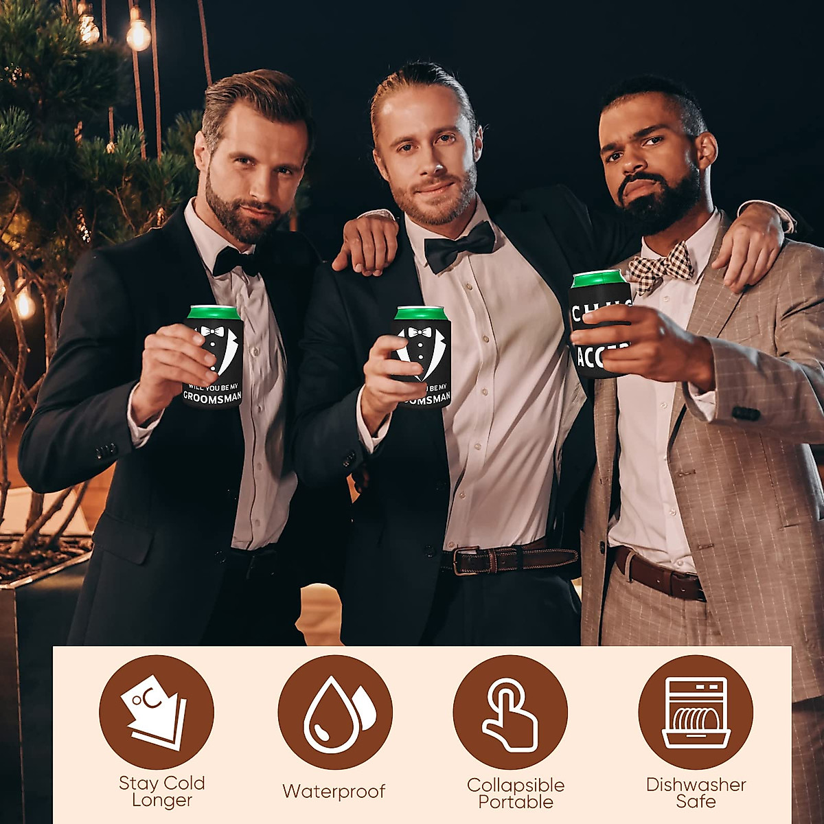 Sacubee 6 Pack Groomsmen Best Man Proposal Can Coolers Bachelor Gifts Groomsmen Gifts Funny Novelty Neoprene Hugger Can Sleeve Favors for Bachelor Party for Wedding Party Beer Holder