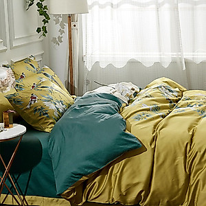 mixinni Garden Style Cotton Flowers and Birds Pattern Printed Duvet Cover Reversible Design Peacock Blue 3 Piece Bedding Duvet Set with Zipper Closure, Perfect for Him and Her-Queen Size