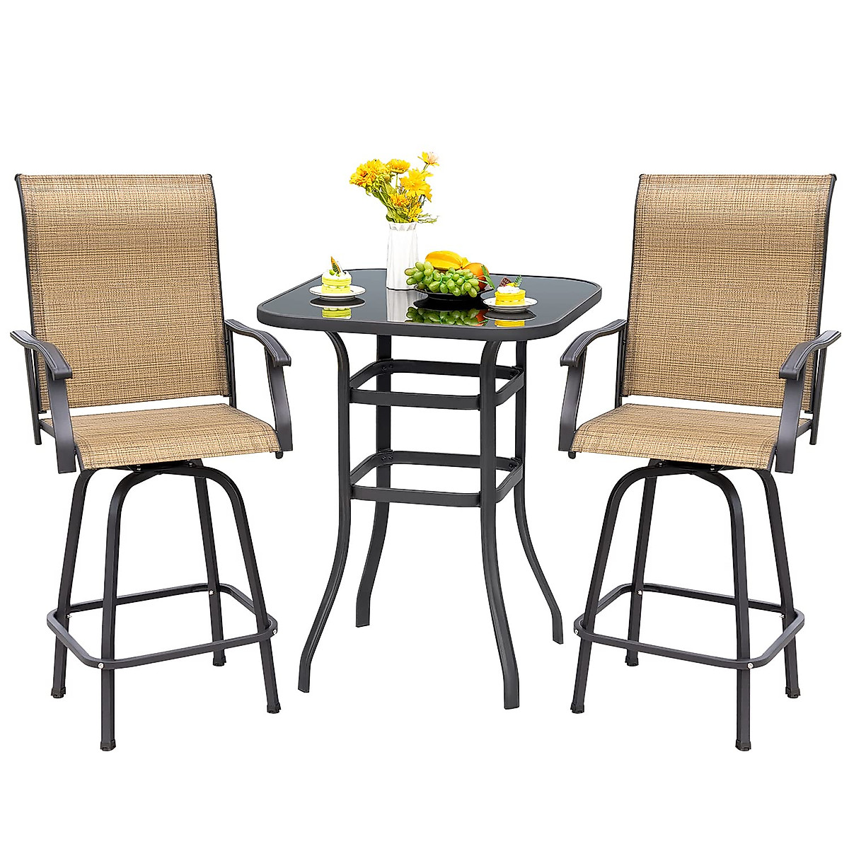 Devoko Patio Swivel Bar Set 3 Pieces Patio High Top Bar Table and Stools Chairs Set Textilene Sling Fabric Outdoor Bar Stools Set of 2 for Garden, Balcony