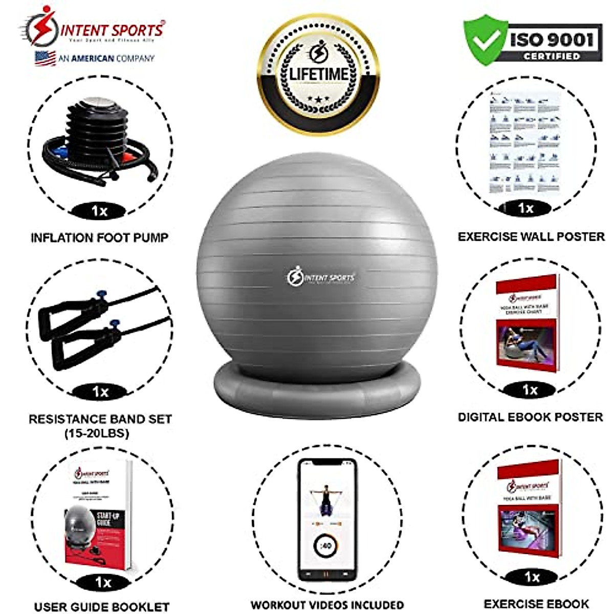 INTENT SPORTS Yoga Ball Chair – Stability Ball with Inflatable Stability Base & Resistance Bands, Fitness Ball for Home Gym, Office, Improves Back Pain, Core, Posture & Balance (65 cm) (Gray)