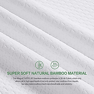 TASTELIFE Queen Mattress Protector, Premium Bamboo, Cooling Pad, Ultra-Soft and Breathable Bed Mattress Cover with Deep Pocket, Waterproof and Vinyl Free, Fits 8 to 21 Inch Mattress (White, Queen)