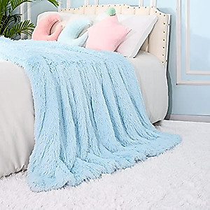 Wellber Super Soft Shaggy Longfur Faux Fur Blanket, Solid Reversible Lightweight Fuzzy Throw Blanket, Washable Warm Furry Throw Blanket for Couch Sofa Chair Home Decor, 50"x60" Ice Blue
