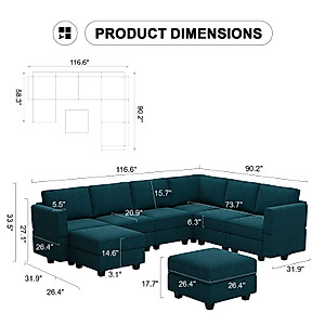Belffin Oversized Modular Sectional Sofa U Shaped Couch Set with Storage Seat Convertible Large Couch U Shape Set Peacock Blue