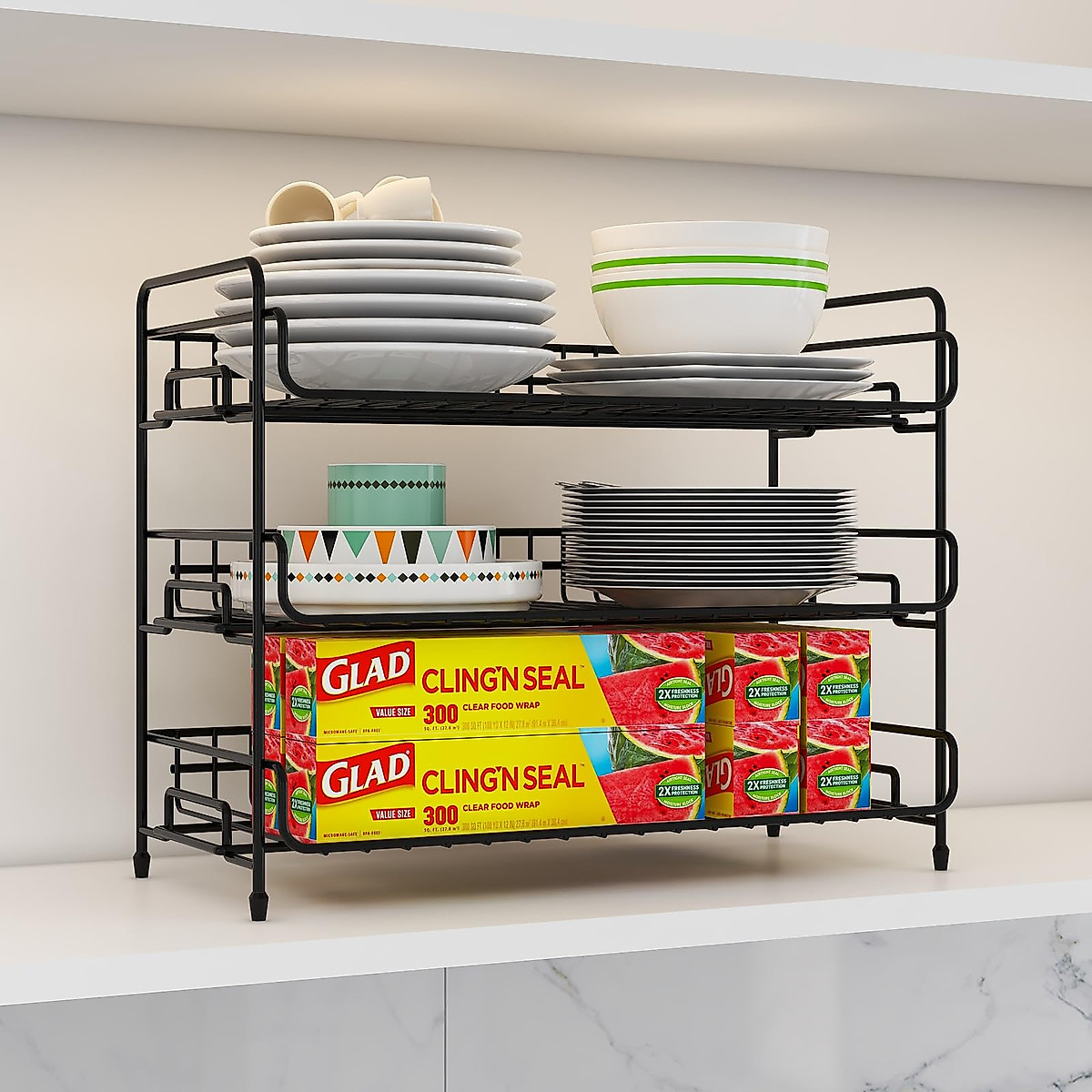 Mefirt Water Bottle Organizer, 3-Tier Water Bottle Holder for Cabinet, Stackable Water Bottle Storage Rack, Soda, Can, Water Bottle Organizer for Cabinet, Kitchen Countertops, Pantry, Fridge (Black)