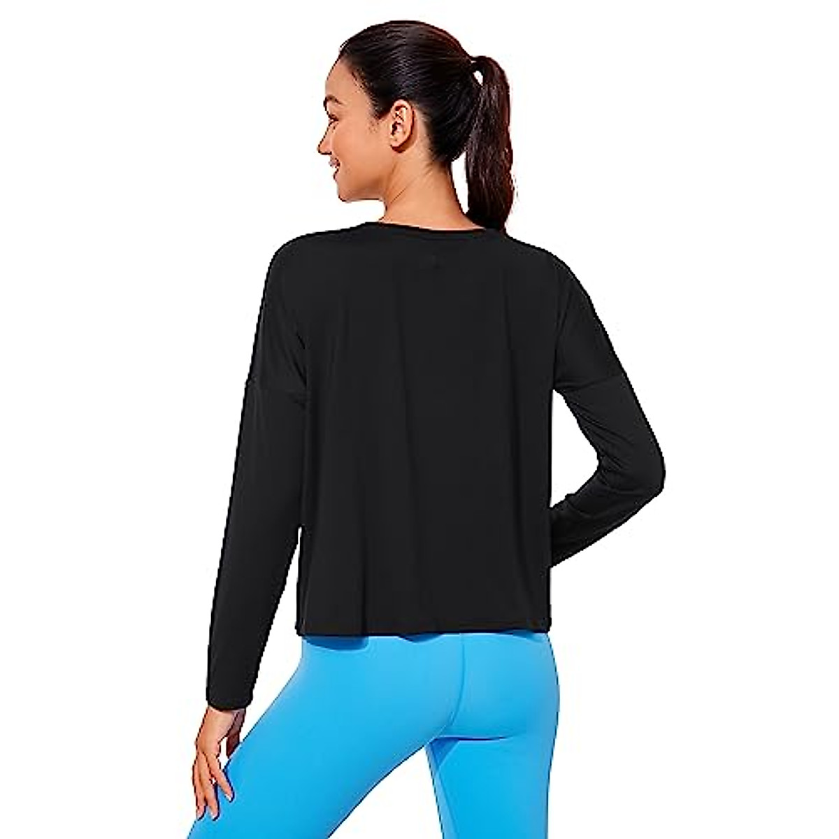 CRZ YOGA UPF 50+ Long Sleeve Shirts for Women Lightweight Workout Crop Tops Sun Protection Outdoor Quick Dry Hiking Shirt Black Medium