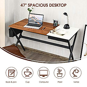 Tangkula 47’’ Computer Desk w/Cube Drawer, Home Office Writing Desk with Side Storage Bag, Modern Stylish PC Study Table Workstation for Bedroom (Walnut & White)