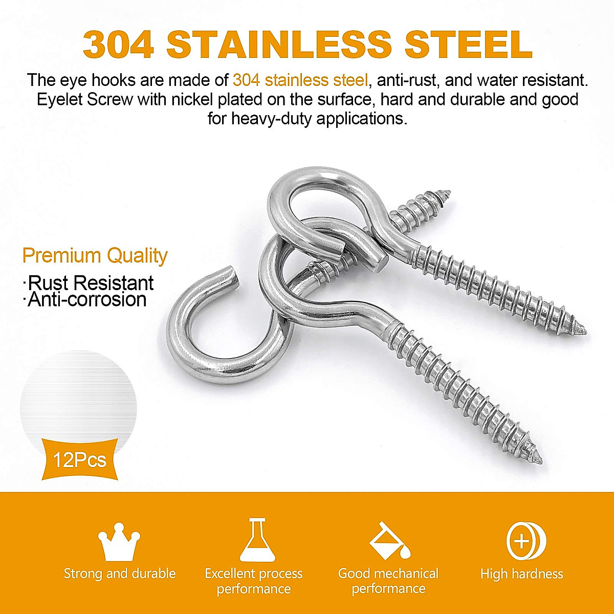 YAIRMIS Pack of 12 M6 Metal Hooks, heavy-duty304 Stainless Steel Screw Hooks, self-Tapping Eye-Ring Bolt Hooks, Wooden Terminal Eye-Hole Hooks, Pendant Lights and Wires, Strong