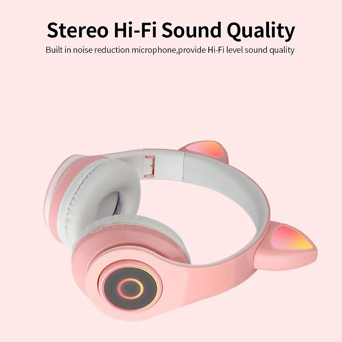 Docooler Cat Ear Headphones, Gaming Headphone with Microphone, Stereo Hi-Fi Soun, Foldable Comfortable, Adjustable Wireless/Wire Over Ear Headset for Girls, Teenagers, Adults, Gaming - Pink