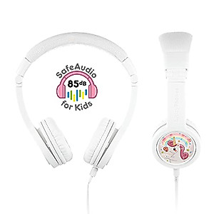 ONANOFF BuddyPhones Explore+, Volume-Limiting Kids Headphones, Foldable and Durable, Built-in Audio Sharing Cable with in-Line Mic, Best for Kindle, iPad, iPhone and Android Devices, Snow White