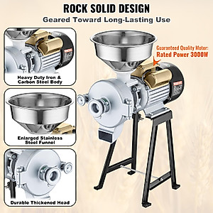 VEVOR Electric Grain Mill Grinder, 3000W Spice Grinders, Commercial Corn Mill with Funnel, Thickness Adjustable Powder Machine, Heavy Duty Feed Flour Cereal Mill Wheat Grinders, Dry & Wet Grinder
