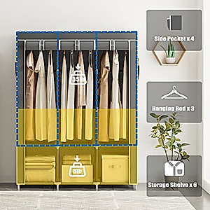 HOMGRNE Portable Closet, 49-Inch Portable Wardrobe with 6 Storage Shelves,3 Hanging Rods and 4 Side Pockets, Bedroom Clothes Organizer Rack with Non-Woven Fabric Cover