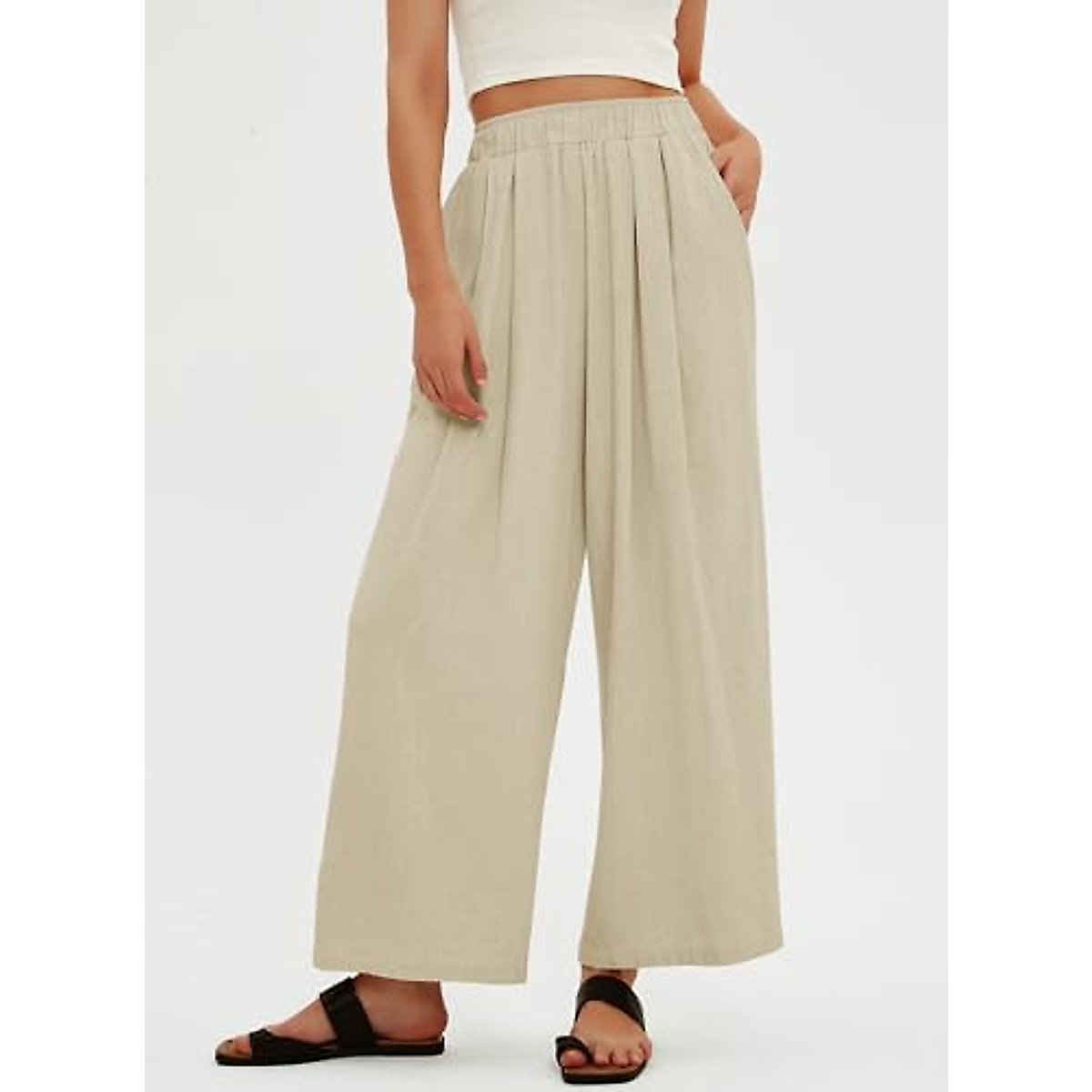 Beaully Women Linen Pants High Waist Wide Leg Palazzo Pants Casual Loose Long Trousers with Pockets 6096 Apricot Small
