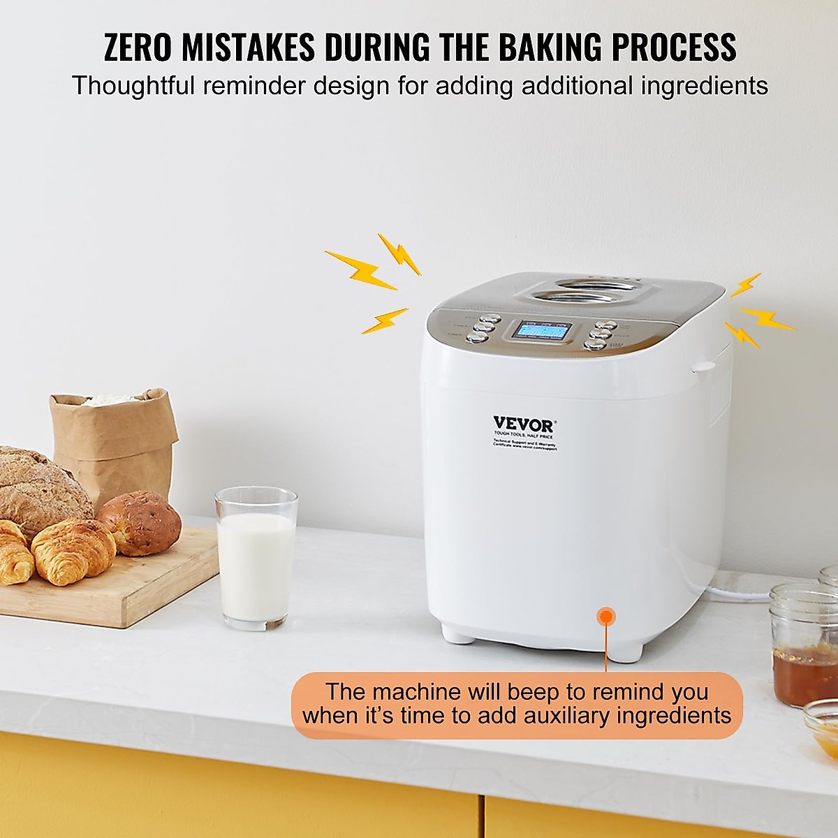 VEVOR Bread Maker, 15-in-1 3LB Dough Machine, Nonstick Ceramic Pan Automatic Breadmaker with Gluten Free Setting, Whole Wheat Bread Making, Digital, Programmable, 3 Loaf Sizes, 3 Crust Colors, White