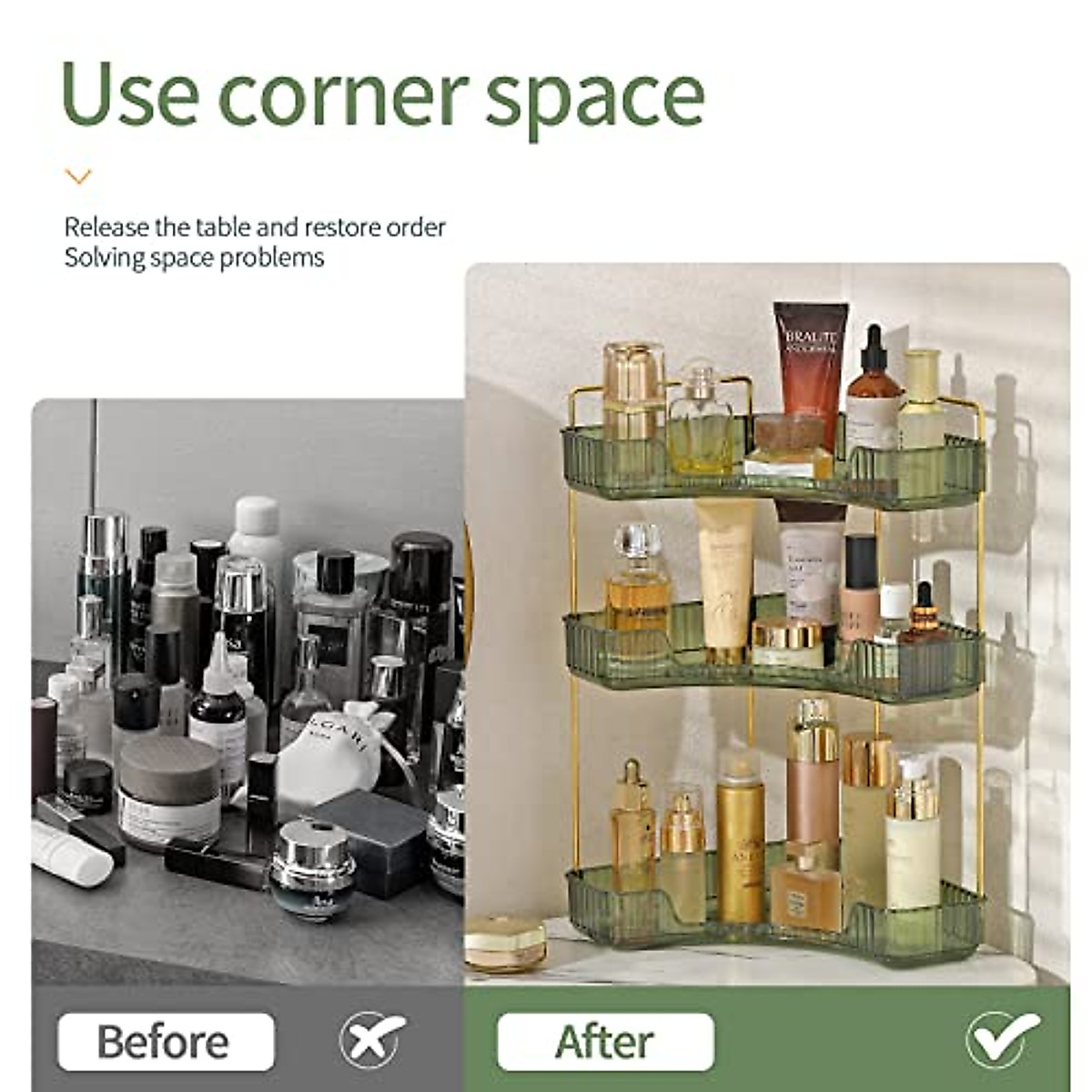 Corner Bathroom Countertop Organizer, Vanity Trays for Bathroom Counter, Makeup Organizer, Perfume Tray, Kitchen Spice Rack, Fits 90 Corner(Green, 3 Tiers)