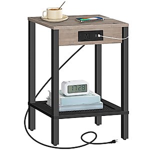 HOOBRO Side Table with Charging Station, End Table with USB Ports and Outlet, Nightstand with Storage Shelf, Faux Rattan Decoration, for Living Room, Bedroom, Greige and Black BG91UBZ01