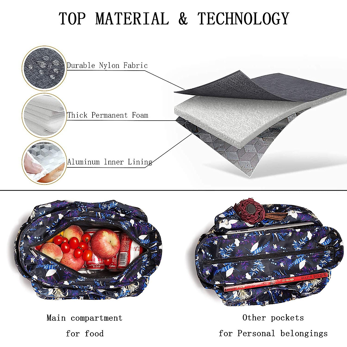 Scorlia Insulated Lunch Shoulder bag, Extra Large Lunch Tote Handbag, Durable Reusable Cooler Ladies lunch Box Bag with Side pockets, Tall Drinks Holder for Women Men Work, Blue flower