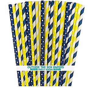 Navy Blue Yellow and White Paper Straws - Stripe Polka Dot - 100 Pack Outside the Box Papers Brand