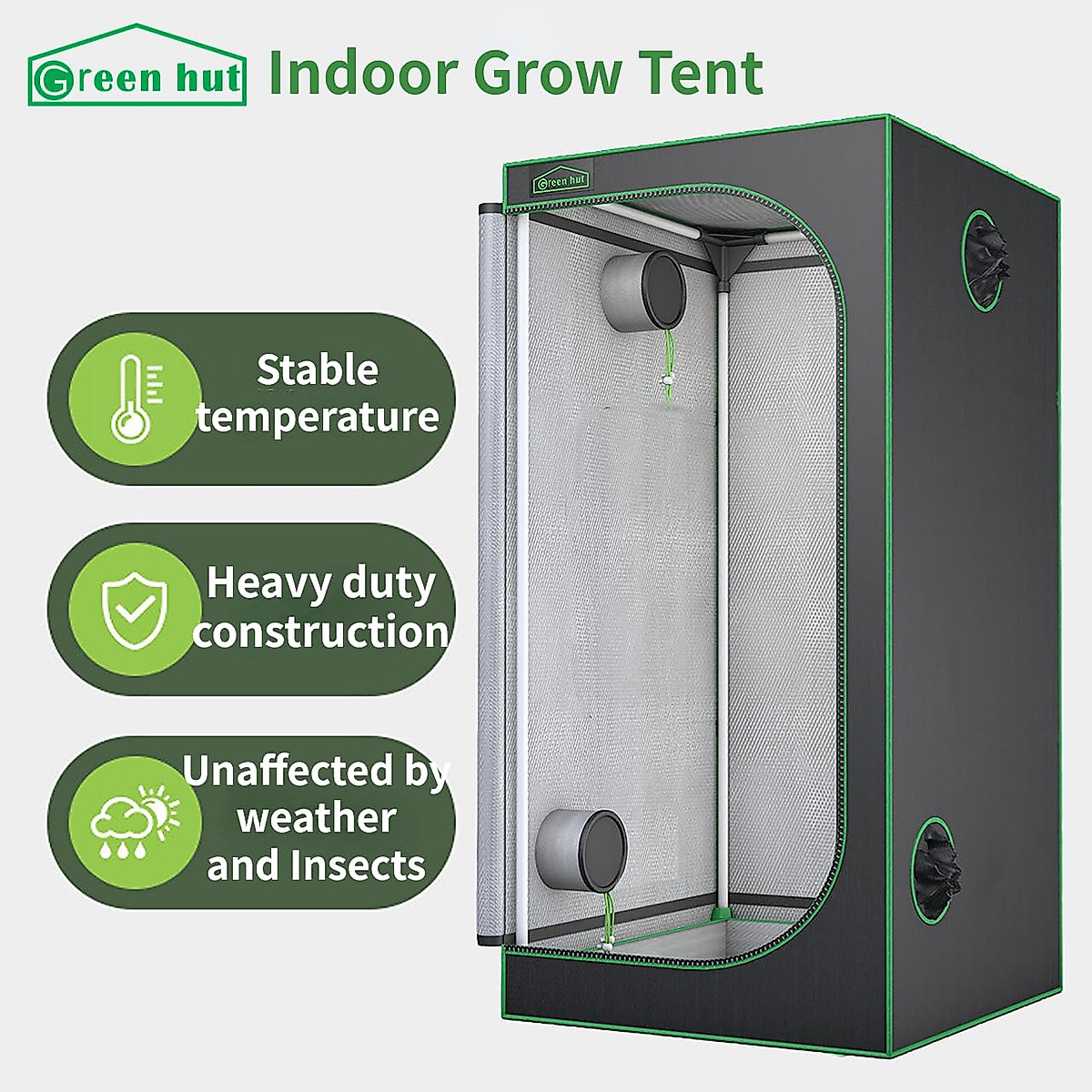 Green Hut Grow Tent 32"x32"x63", High Reflective Mylar Dark Room with Observation Window, Removable Floor Tray and Tool Bag for Indoor Plant Growing 3'X3'
