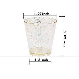 WELLIFE 200 PACK Plastic Gold Glitter Shot Cups, 2OZ Disposable Shot Glasses,Small Hard Plastic Tumblers,Gold Tasting Sampling Cups,Premium Mini Container Perfect for Whiskey for Party