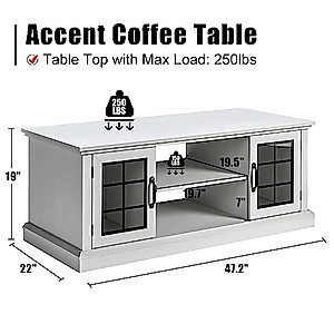 AMERLIFE 47" Rustic Coffee Table, Farmhouse 2 Shelves Center Table with Glass Door Closed Storage Cabinet for Living Room, Distressed White