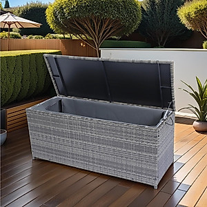 SonkYog Outdoor Storage Box Rattan Patio- 113 Gallon Water-Resistant Liner & Metal Frame, Dual-Use as Side Table,Gray