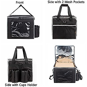 PACMAXI Insulated Food Delivery Bag with Cup Holder, Fit 14'' Pizza Foldable Heavy Duty Pizza Food Delivery Bag for Camping Catering Restaurants (Black)